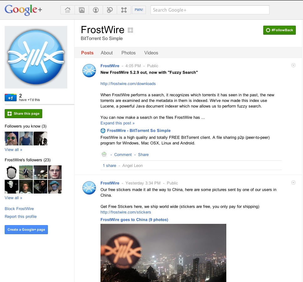 FrostWire is now on Google+ – Official FrostWire Blog